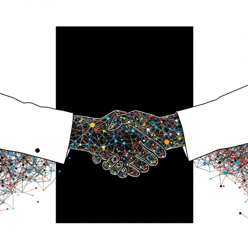 Two Robotic Hands Shaking, Composed of a Network of Colorful ...