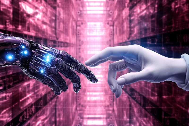 Two Robotic Hands Touching Each Other in Front of a Futuristic City ...