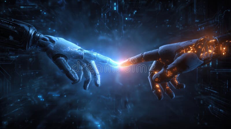Two Robotic Hands Touching Fingers Creating Spark in Digital World ...