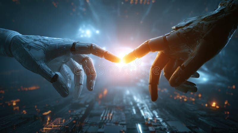 Two Robotic Hands Touching Fingers Creating Spark in Futuristic ...
