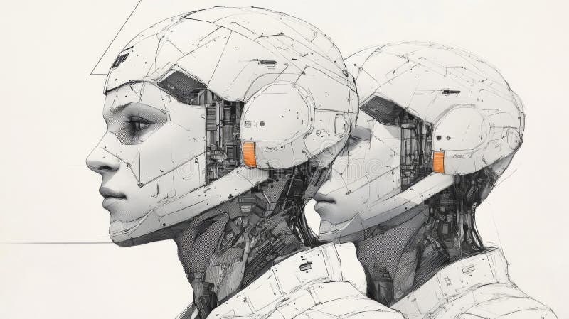 Two Robotic Heads Profile View in Grey and White Stock Illustration ...