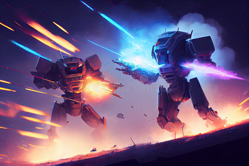 Two Robots Battle it Out in Futuristic Arena, with Sparks Flying and ... Two Robots Battle it Out in Futuristic Arena, with Sparks Flying and ...