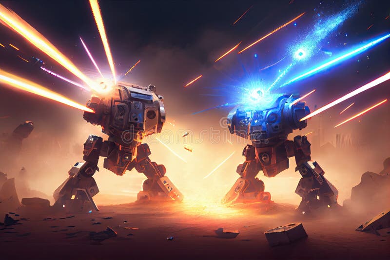 Two Robots Battle it Out in Futuristic Arena, with Sparks Flying and ... Two Robots Battle it Out in Futuristic Arena, with Sparks Flying and ...