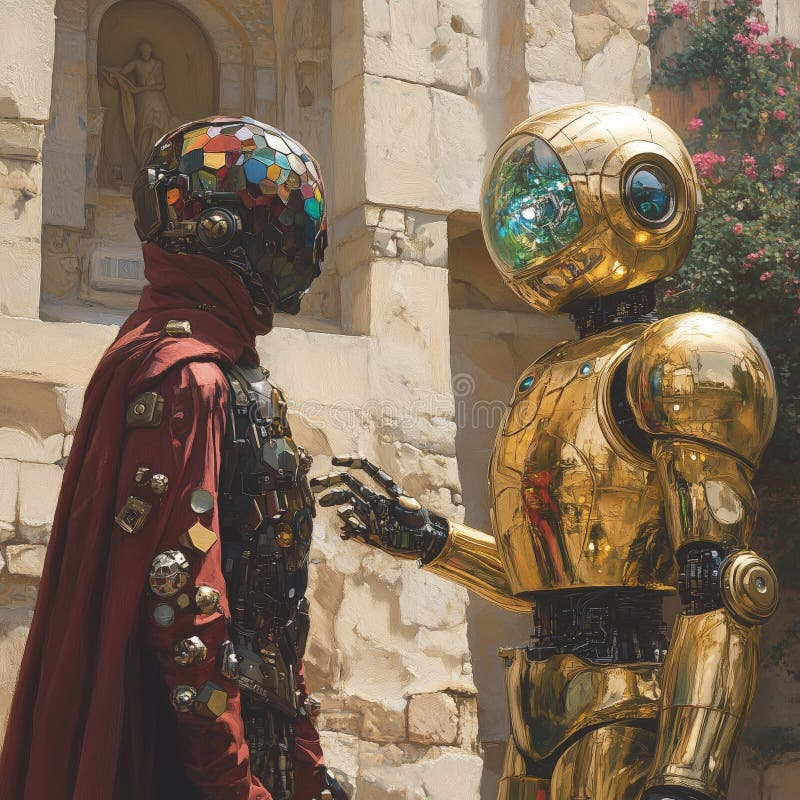 Two Robots Conversing in an Ancient Stone Setting Stock Photo - Image ...