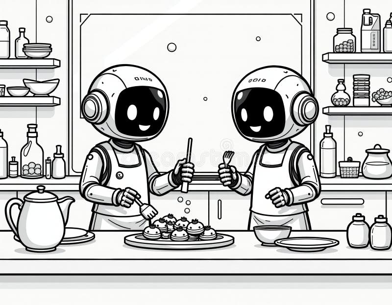 Two Robots Cooking in a Kitchen - AI Chefs Prepare Food Stock ...