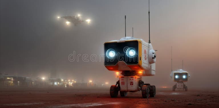 Exploration Robots Search a Distant Planet during a Dust Storm in Space ...