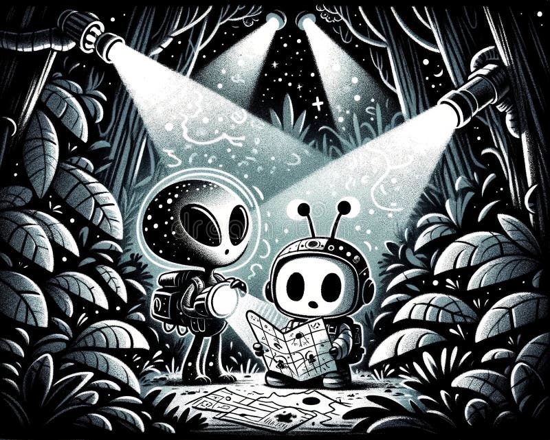 Alien Robots Exploring a Mysterious Forest at Night Stock Illustration ...