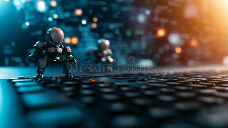 Two Robots Exploring a Computer Keyboard in a Futuristic Tech ...
