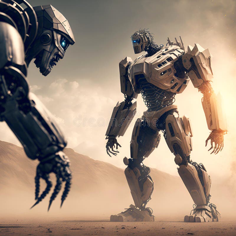Two Robots, One Red and the Other Blue, Fighting in Futuristic Battle ...