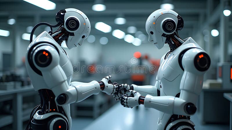 Two Robots in a Factory Setting are Shaking Hands Friendly Stock ...
