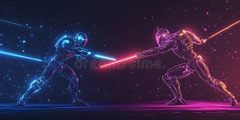 Futuristic Neon Duel: Two Cybernetic Warriors Battling with Energy ...