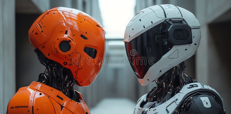Two Futuristic Robots Face Each Other in a Dramatic Pose Stock ...