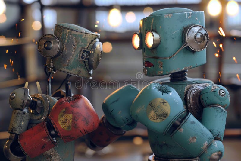 Two Robots Having a Boxing Match in a Factory Stock Illustration ...