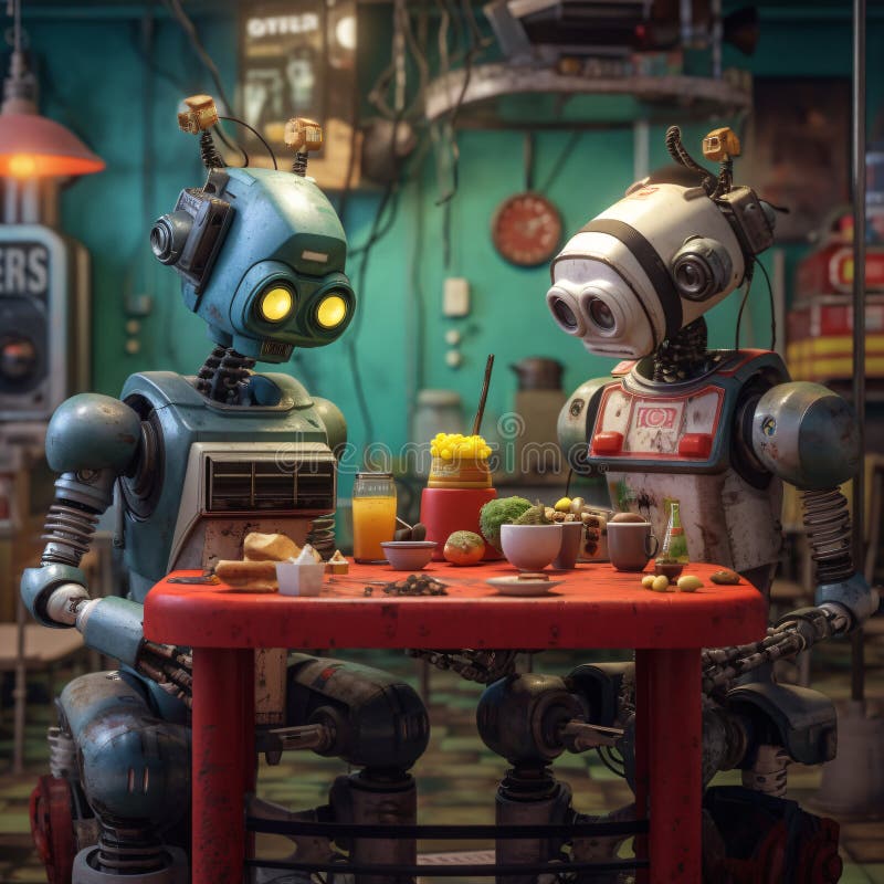 Two Robots Having Lunch in a Busy Workshop Stock Illustration ...