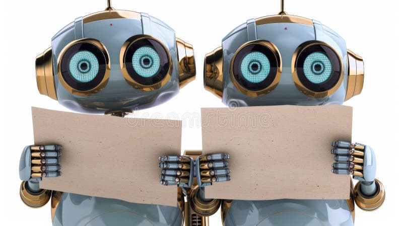 Two Robots Holding a Piece of Paper with Eyes and Mouths, AI Stock ...