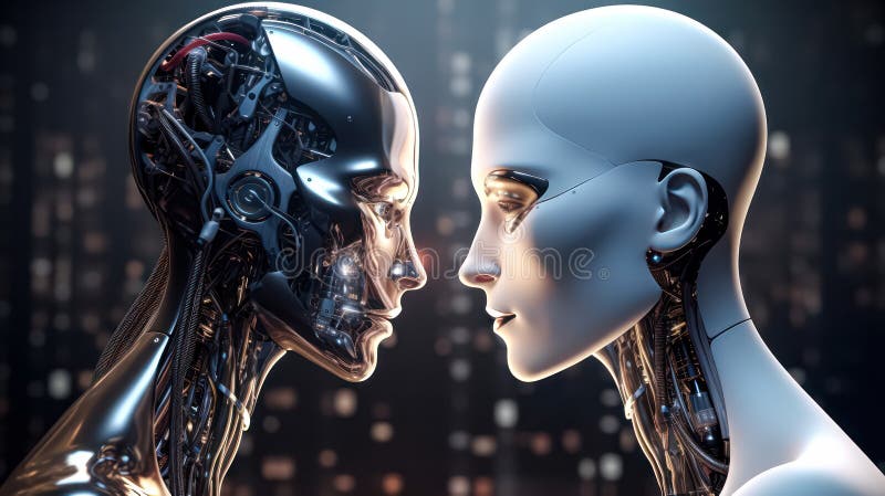 Two Robots with Human Faces are Facing Each Other in a Cityscape Stock ...