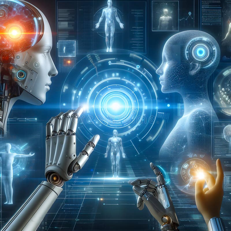 Two Robots with Human Features Engage in Futuristic Interface Stock ...