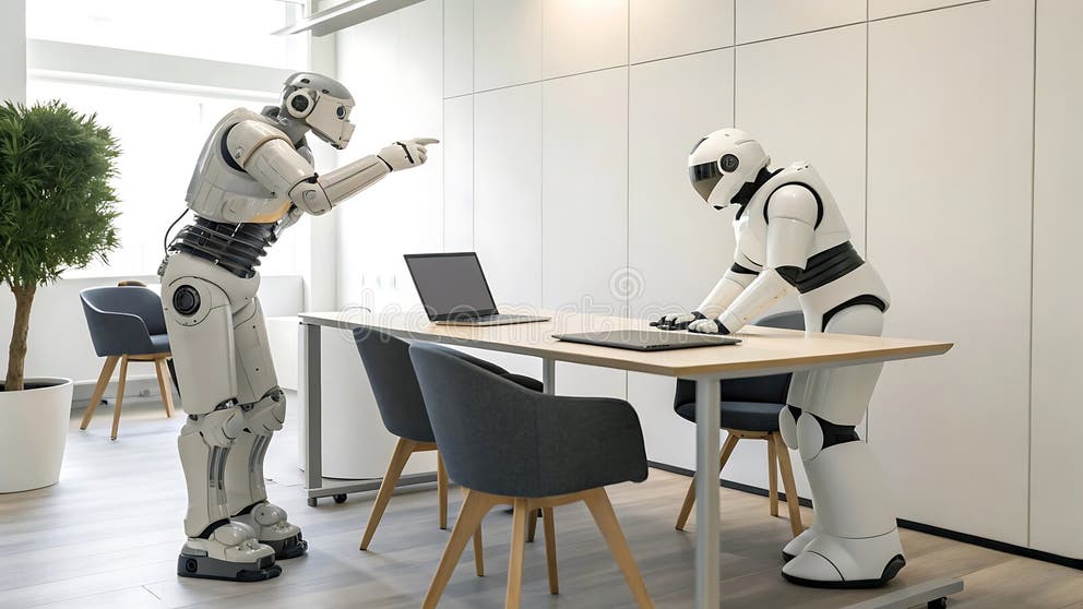Two Robots Inside a Modern Office One Pointing at the Other while ...