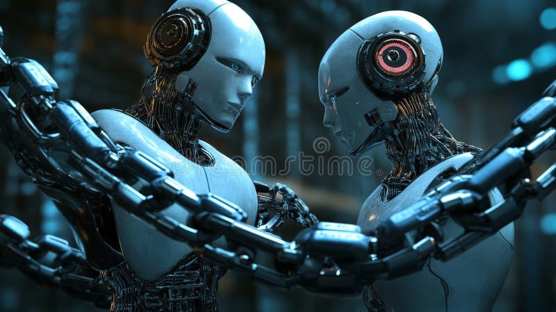Two Robots Interacting with Chains in a Futuristic Industrial ...