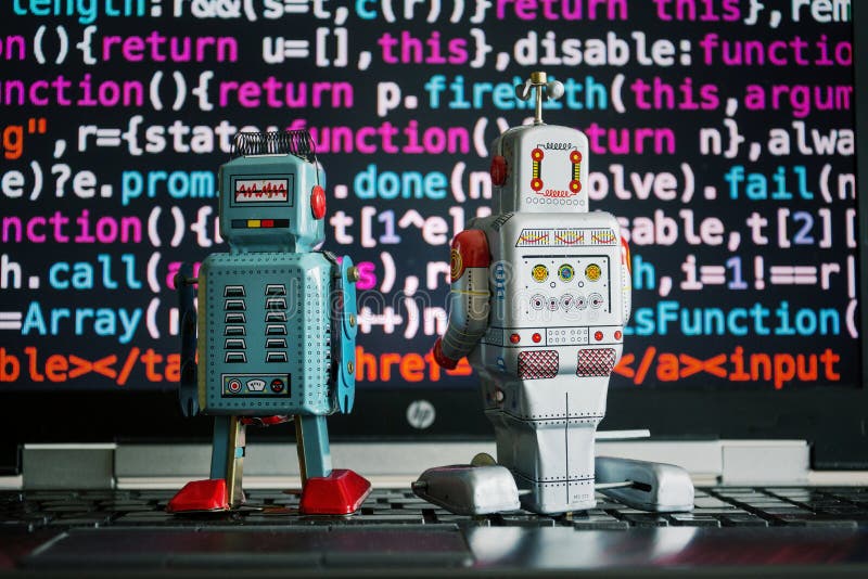 Two Robots Looking at Laptop Screen with Source Code, Artificial ...