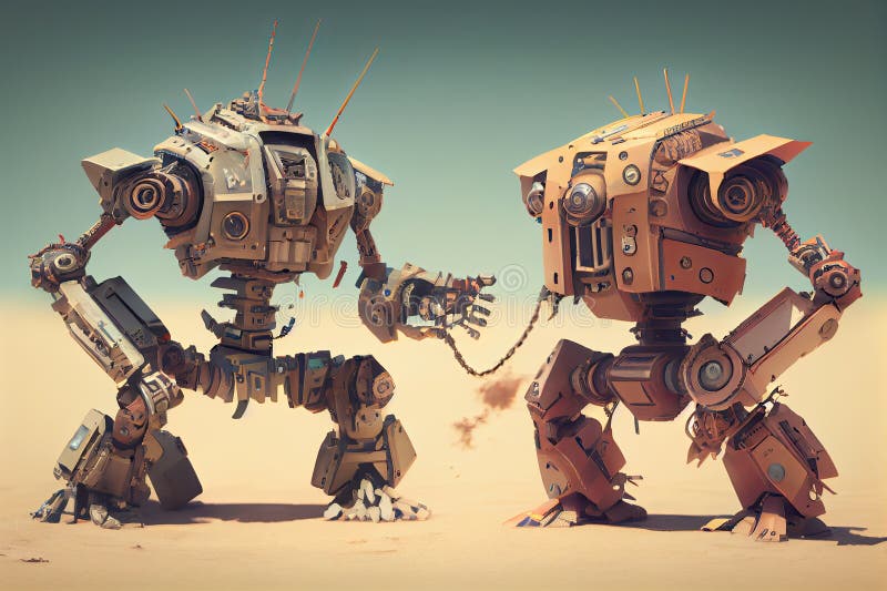 Two Robots Battle it Out in Futuristic Arena, with Sparks Flying and ...