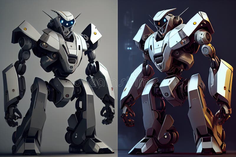 Two Robots, One Red and the Other Blue, Fighting in Futuristic Battle ...