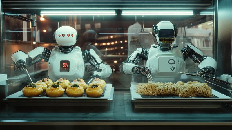 Robots Preparing Dishes in a Modern Kitchen Showcasing Advanced ...