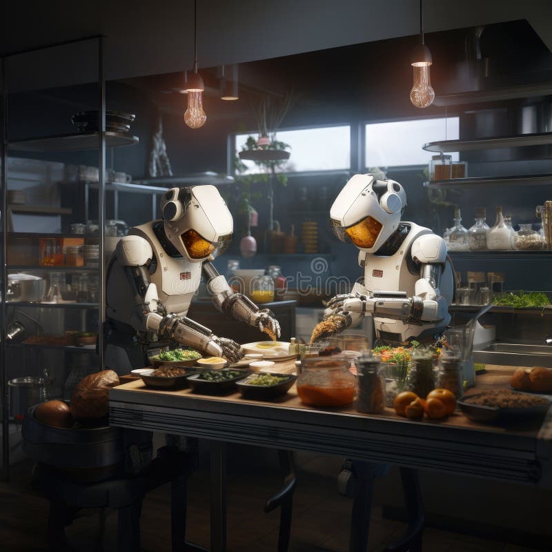 Two Robots Preparing Food in the Kitchen Stock Image - Image of cooking ...