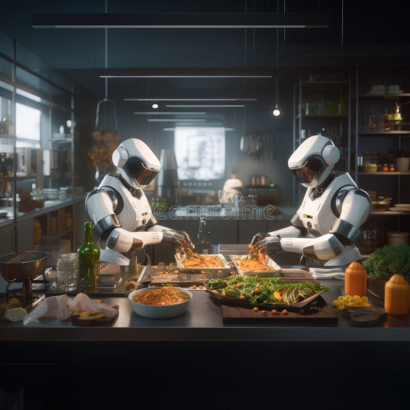 Two Robots Preparing Food in the Kitchen Stock Illustration ...