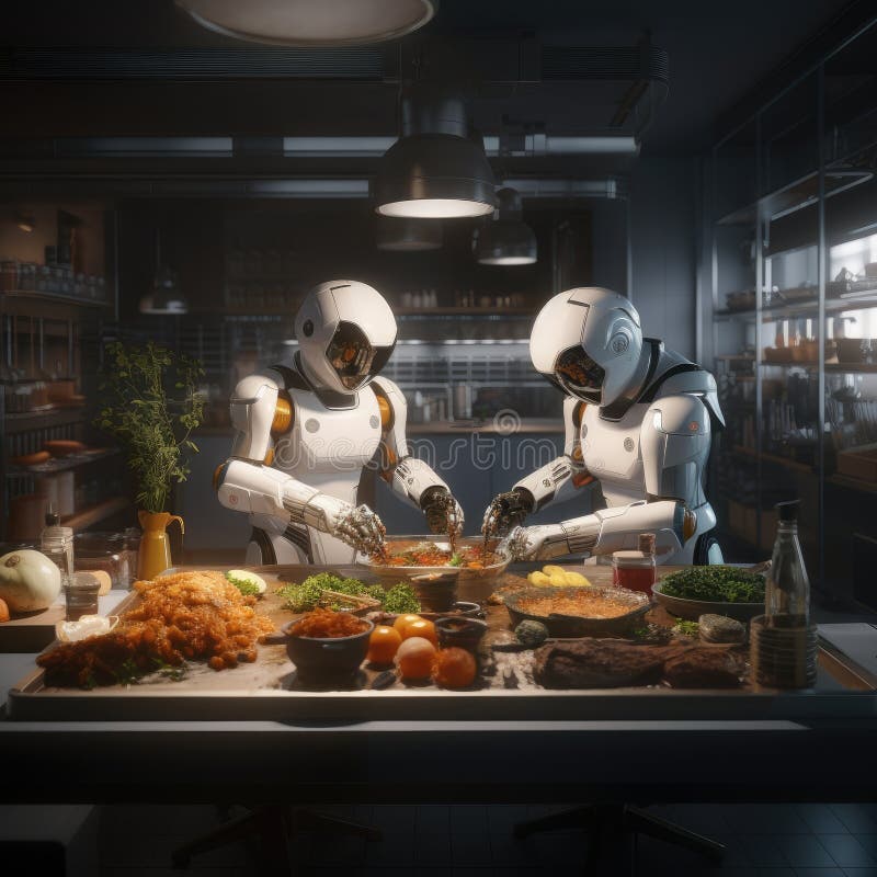 Two Robots Preparing Food in the Kitchen Stock Illustration ...