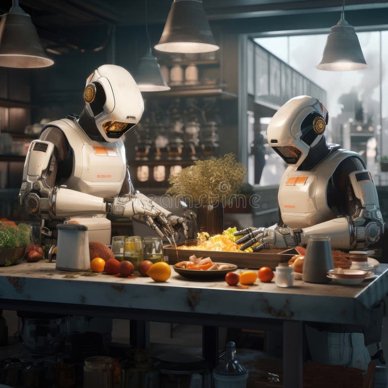 Two Robots Preparing Food in the Kitchen Stock Illustration ...