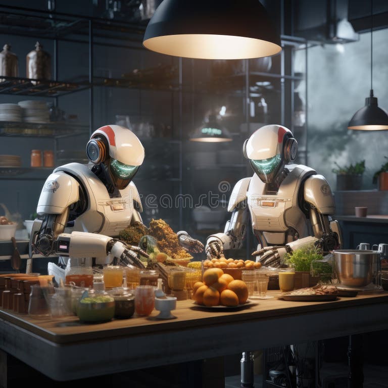 Two Robots Preparing Food in the Kitchen Stock Illustration ...