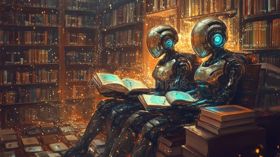Two Robots Reading Books in a Magical Library Stock Illustration ...