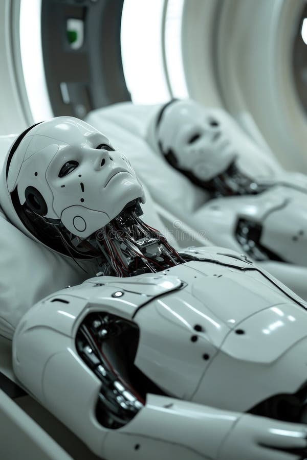 Two Robots Resting on a Bed in a Room Stock Photo - Image of automation ...