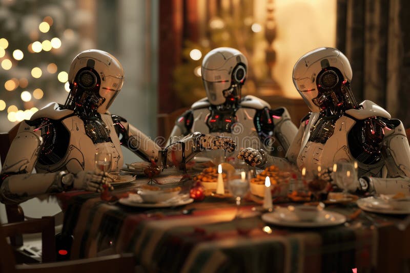 Two Robots Sit Together at a Dinner Table, Illuminated by the Soft Glow ...