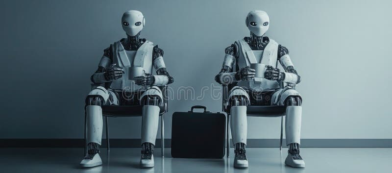 Two Robots Sitting in Chairs with a Briefcase in Front of Them Stock ...