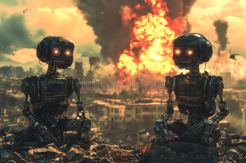 Two Robots are Sitting and Observing Explosions in a Destroyed City ...