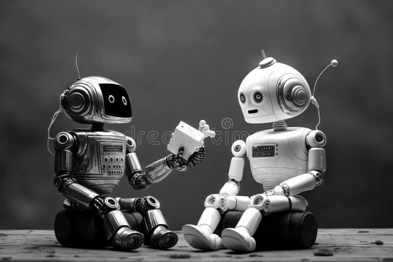 Two Robots Sitting on a Wooden Table. Black and White Photo Stock ...