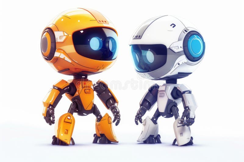 Two Robots Stand Side by Side, with Metallic Bodies and Mechanical ...