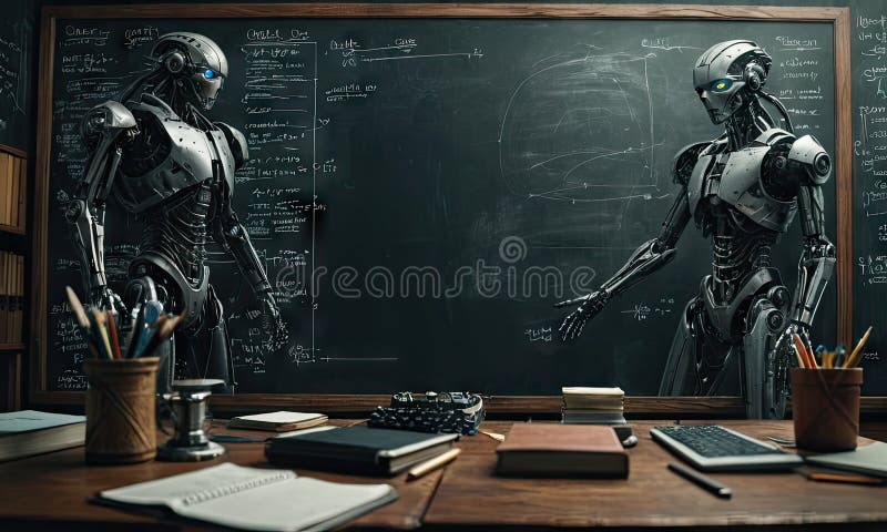 Two Robots are Standing in Front of a Chalkboard, with One Robot on the ...