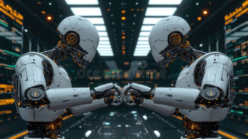 Two Robots Standing in a Futuristic Looking Room with Lights, AI Stock ...