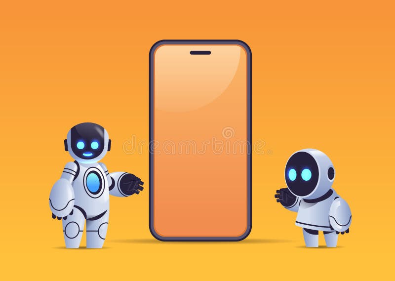 Two Robots Standing Near Smartphone with Blank Screen Robotic Character ...