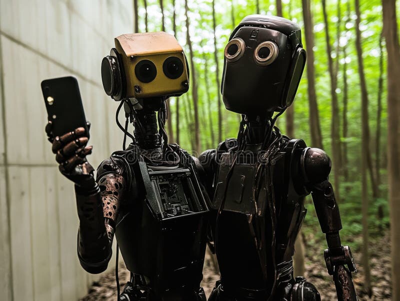 Two Robots Taking Selfie Together in Forest Stock Photo - Image of ...