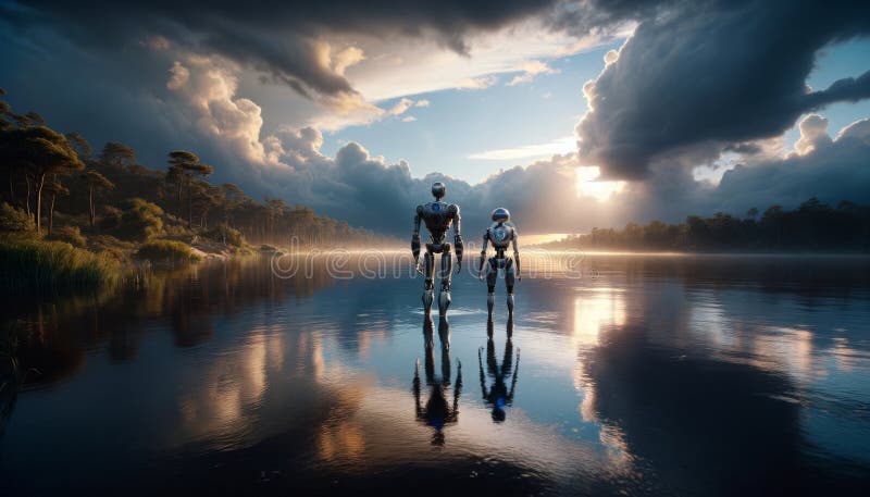 Two Robots Walking in Shallow Water at Sunset Stock Illustration ...
