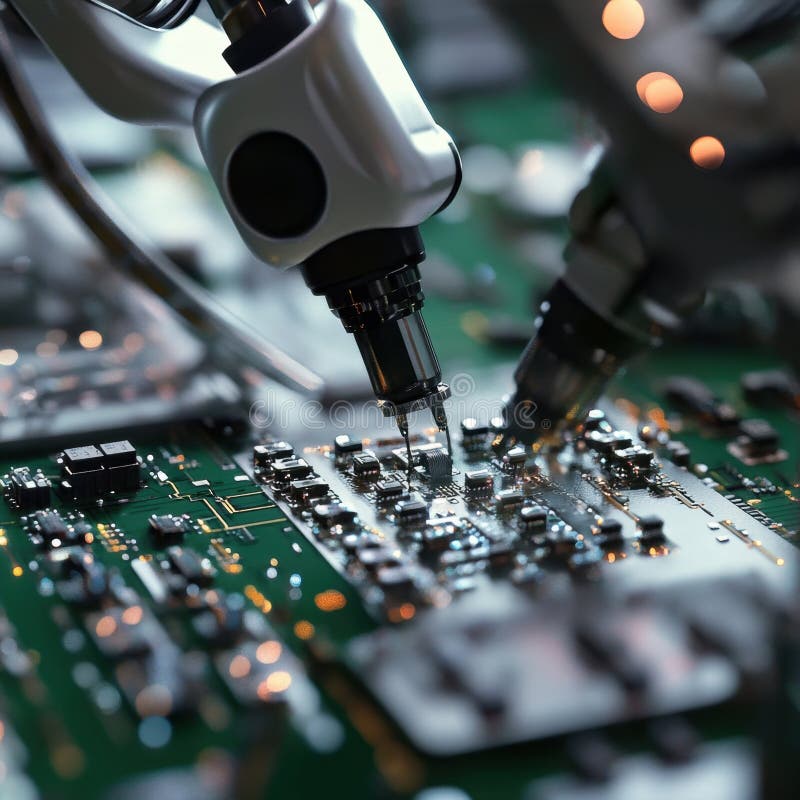 Two Robots are Working on a Circuit Board Stock Illustration ...