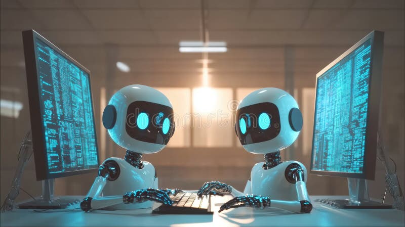 Two Robots Working on Computers with Futuristic Code Stock Image ...