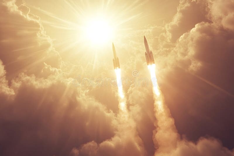 Two Rockets Launching into Cloudy Sky at Sunset Stock Image - Image of ...