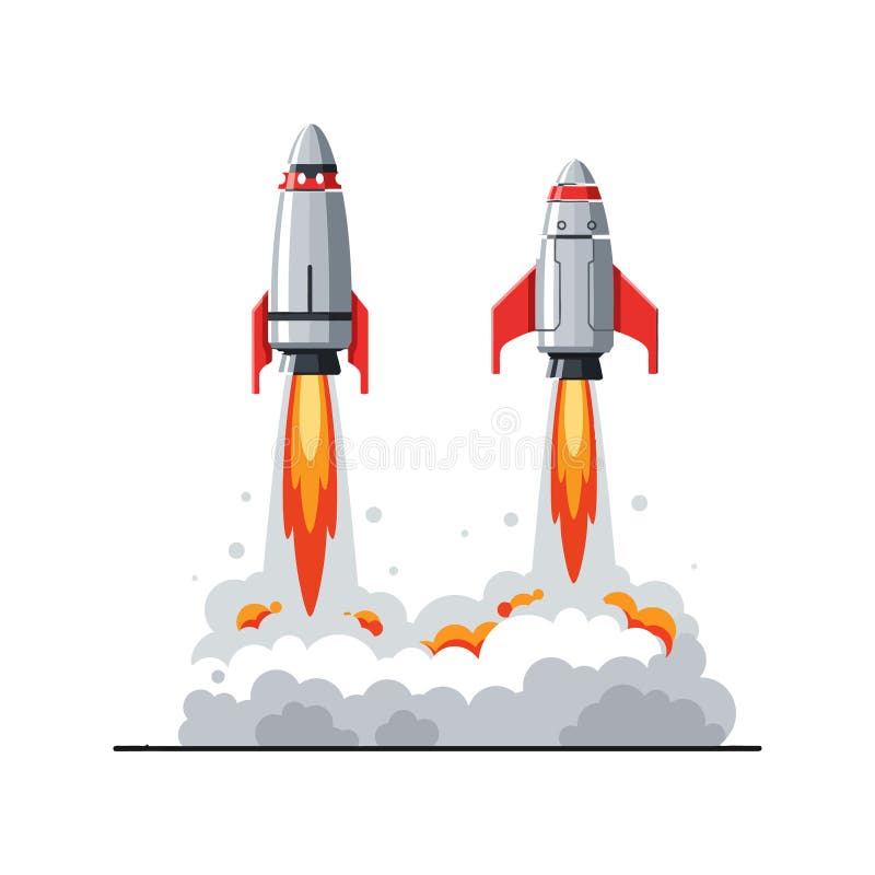 Two Rockets Launching with Fire and Smoke Vector Illustration Space ...