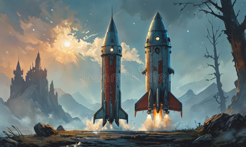 Two Rockets, One Red and One Silver, Launch into the Sky Against ...