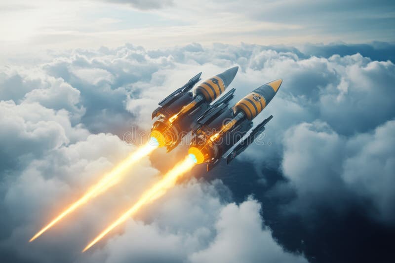 Two Rockets Soaring through Clouds with Powerful Flames at Sunset Stock ...